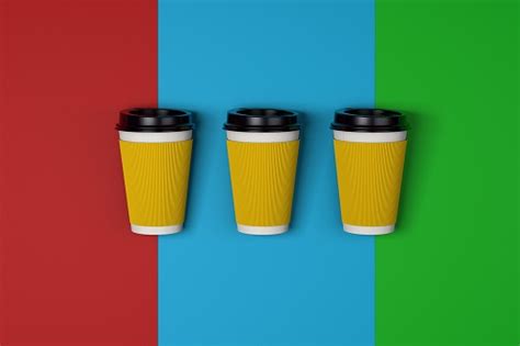 세 다채로운 종이 빨간 파란색 녹색 배경에 커피 컵을 빼앗아 3d 일러스트레이션 가리기에 대한 스톡 사진 및 기타 이미지 가리기 갈색 검은색 Istock