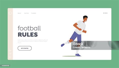 축구 규칙 방문 페이지 템플릿 축구를하는 스포츠맨 흑인 남성 캐릭터는 파란색과 흰색 유니폼을 입습니다 개념에 대한 스톡 벡터 아트 및 기타 이미지 Istock