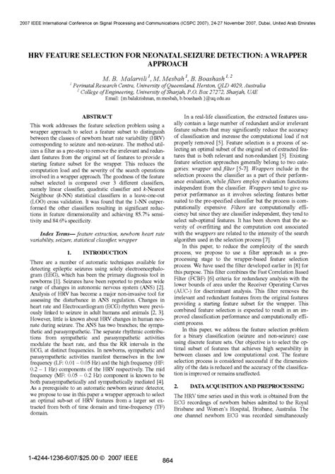Pdf Hrv Feature Selection For Neonatal Seizure Detection A Wrapper Approach