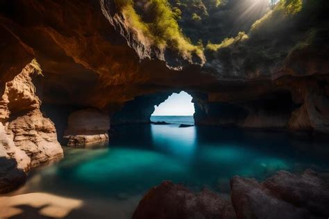 Premium Photo A Cave With A Blue Water And A Cave In The Background