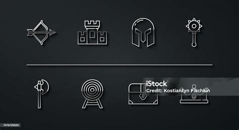 세트 라인 중세 활과 화살 도끼 사슬로 묶인 철퇴 공 골동품 보물 상자 대상 성 요새 왕관 및 철 헬멧 아이콘 벡터 강철에 대한 스톡 벡터 아트 및 기타 이미지 Istock