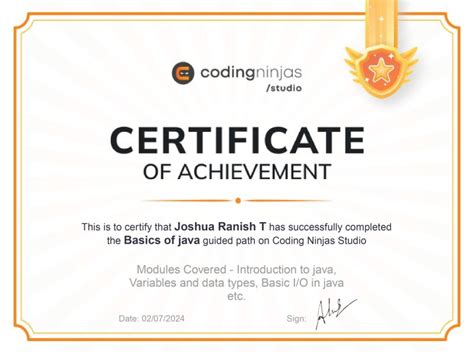 🌟 Completed Java Programming Course On Coding Ninjas Joshua Ranish T