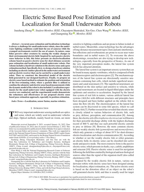 Pdf Electric Sense Based Pose Estimation And Localization For Small Underwater Robots