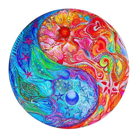 Yin Yang Mandala Colorful Cultural Round Wooden Jigsaw Puzzle Woodbests