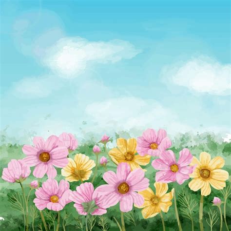 Premium Vector Natural Vector Sky Flowers And Grass