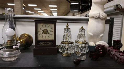 Lot Vintage Ruby Red Glassware Bear Statue Electrified Oil Lamps Antique Clocks And Sconces