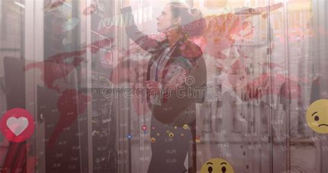Image Of Data Processing And World Map Over Caucasian Female Worker In Server Room Stock Photo