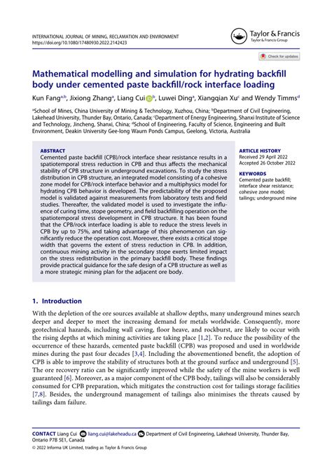 Pdf Mathematical Modelling And Simulation For Hydrating Backfill Body Under Cemented Paste