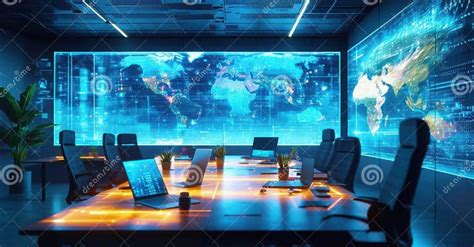 High Tech Command Center With Analysts Monitoring Global Data Massive Digital Screens Display