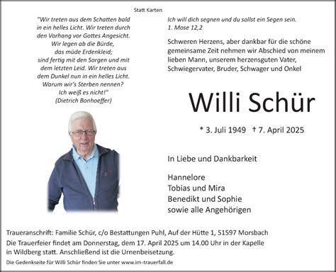 Traueranzeigen Von Willi Schür Wirtrauern