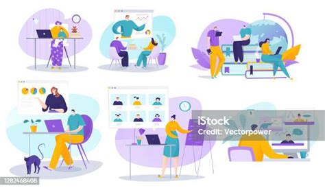 거리 학습 벡터 일러스트 세트 만화 플랫 남자 여자 학생 캐릭터 학습 온라인 코스에서 공부 컴퓨터를 사용하는 사람들 개념에 대한