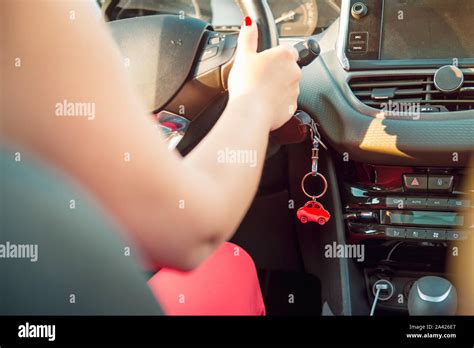 Car Key In Ignition Start Stop Or Accelerate Engine Car Shape Keyfob On Vehicle Dashboard