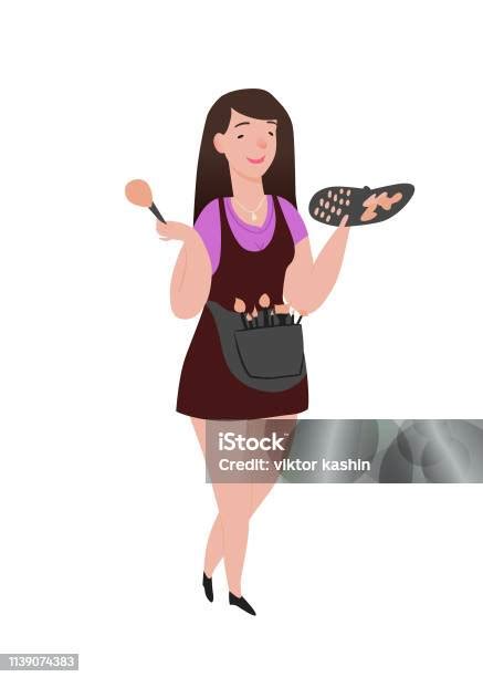 메이크업 아티스트 여자 스탠드 그녀의 손에 브러시 그림자와 팔레트 앞치마 메이크업 도구 흰색 배경에 고립 된 문자 그림입니다