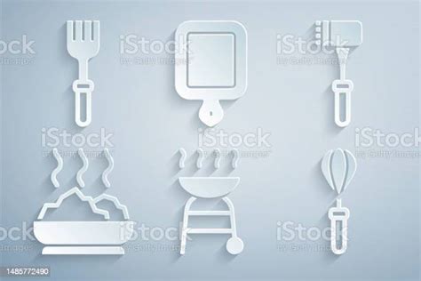바베큐 그릴 주방 망치 뜨거운 수프 한 그릇 털기 도마 및 포크 아이콘을 설정합니다 벡터 3차원 형태에 대한 스톡 벡터 아트 및 기타 이미지 Istock