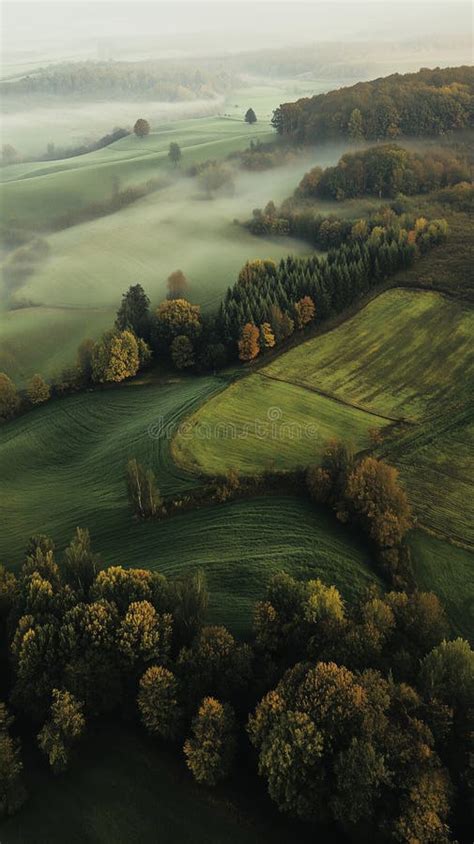 Drone View Stockphoto Beautiful Morning Autumn Landscape Some Fog