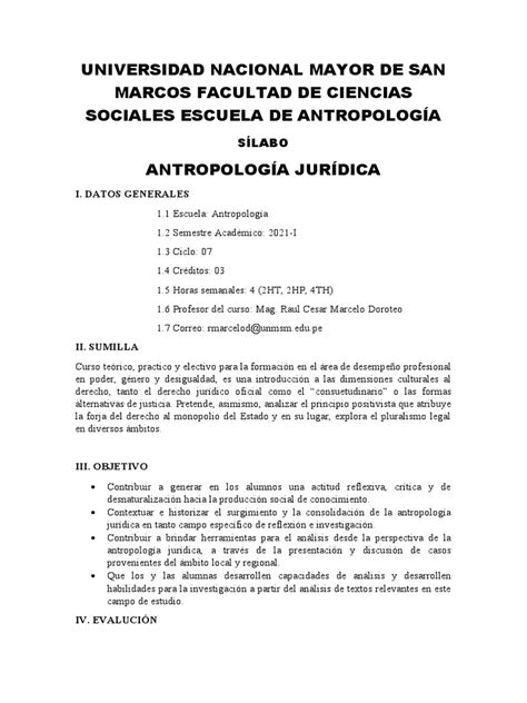 Silabo Unmsm Antropologia Juridica 2021 0 Pdf Antropología Perú