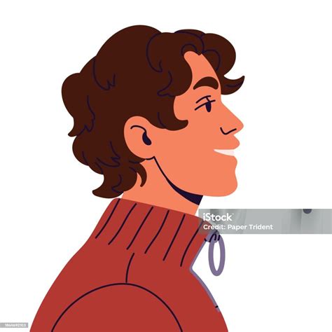 스웨터 초상화 측면도에서 미소 짓는 남자 긍정적 인 감정 행복한 표정을 가진 젊은이 소년 아바타 즐거운 얼굴의 사용자 프로필 흰색 배경에 평평한 고립 된 벡터 그림 사람