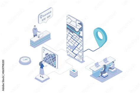 Gps Navigation Isometric Concept In Outline Isometry Design For Web People Using Map Navigation