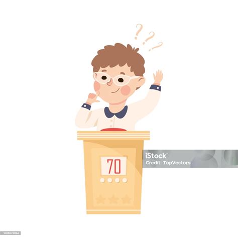 퀴즈 게임을하는 어린 소년 또는 마인드 스포츠 프레스 버튼에 서서 질문에 대답하는 벡터 일러스트 레이 션 개념에 대한 스톡 벡터 아트 및 기타 이미지 Istock