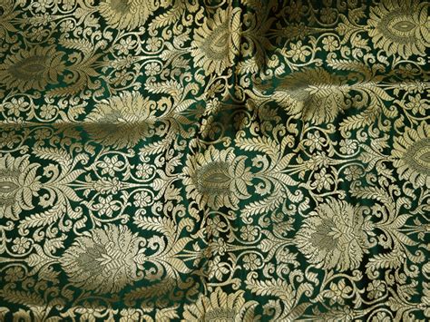 Bottle Green Gold Brocade Fabric By The Yard Banarasi Wedding Etsy