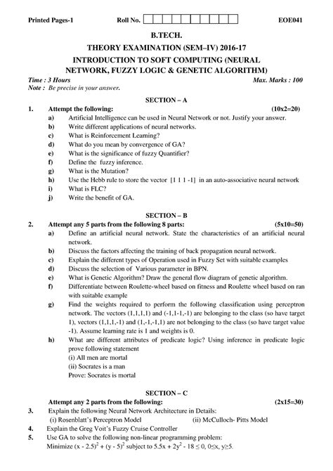 Btech 4 Sem Introduction To Soft Computing Eoe 041 2016 17 Printed Pages 1 Roll No Eoe B