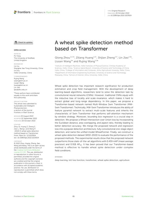 Pdf A Wheat Spike Detection Method Based On Transformer
