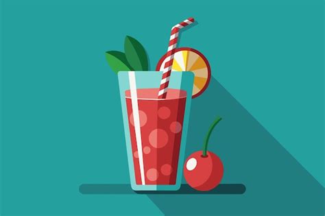 Premium Vector A Cherry Drink With A Straw On A Blue Background