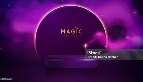3d 연단과 Purpure 안개 또는 증기가 있는 마법의 보라색 쇼케이스 배경 빛나는 반짝이는 흔적 벡터 일러스트 레이 션 3차원 형태에 대한 스톡 벡터 아트 및 기타