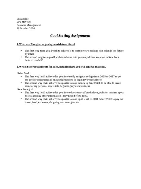 Goal Setting Assignment Good Copy Pdf