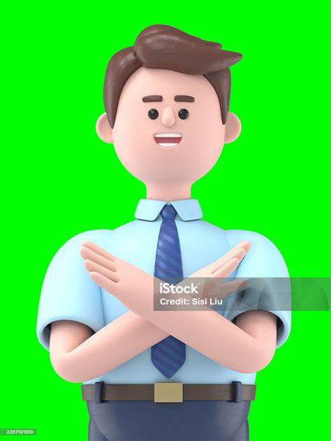 웃는 아시아 남자 펠릭스의 3d 일러스트레이션은 제스처로 No라고 말하고 손을 교차합니다 그린 스크린 Mockup3d 푸티지 및 클리핑 패스를 그린 스크린에서 렌더링합니다