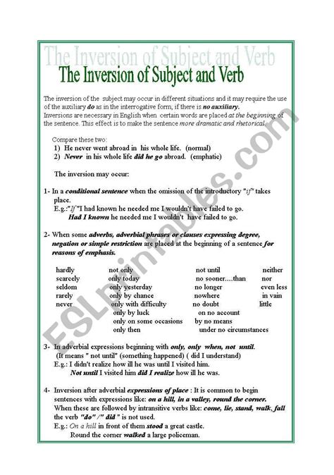 Inversion Of Subject And Verb Esl Worksheet By Nelinha