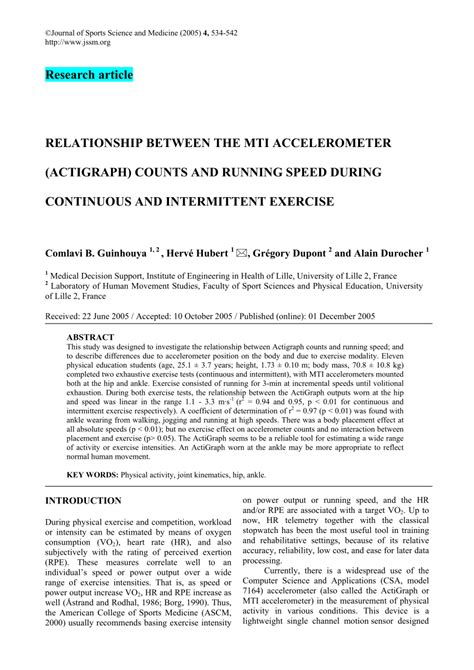 Pdf Relationship Between The Mti Accelerometer Actigraph Counts And
