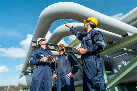 Three Of Engineer Or Factory Technician Worker Team Stand Under