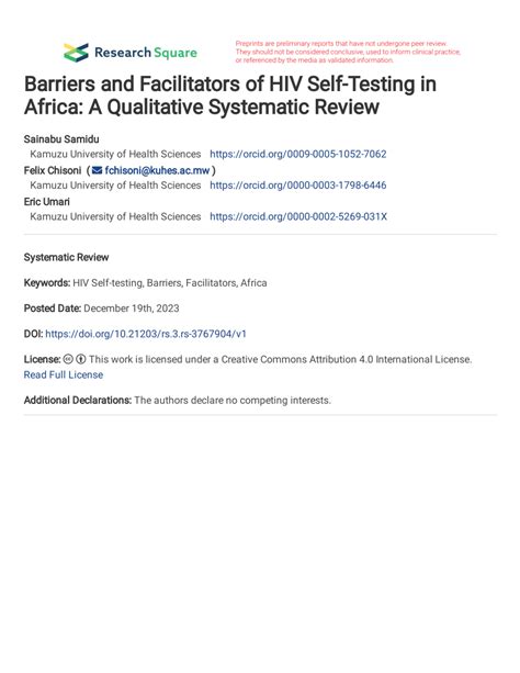 Pdf Barriers And Facilitators Of Hiv Self Testing In Africa A Qualitative Systematic Review