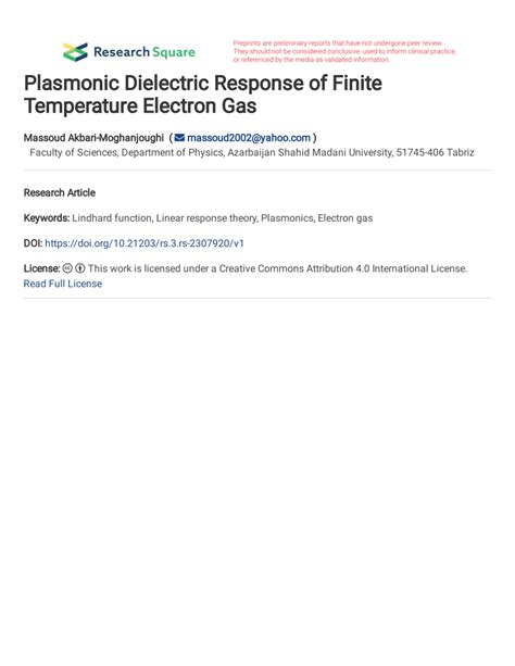 Pdf Plasmonic Dielectric Response Of Finite Temperature Electron Gas