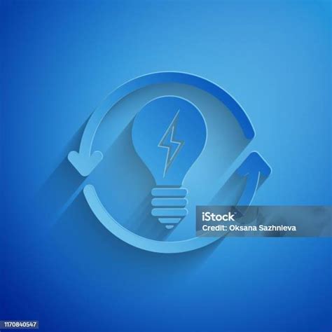 종이 잘라 파란색 배경에 격리 번개 기호 아이콘 재활용 및 전구 등등 표지판 아이디어 기호입니다 종이 아트 스타일입니다 벡터 일러스트레이션 0명에 대한 스톡 벡터 아트 및