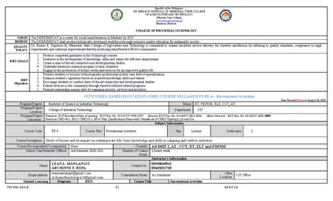 Course Syllabus Pe Republic Of The Philippines Dr Emilio B Espinosa Sr Memorial State