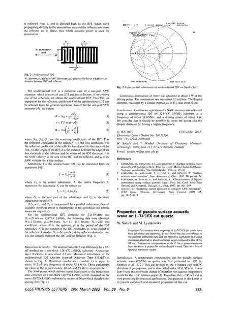 Pdf Properties Of Pseudo Surface Acoustic Wave On 74°yx Cut Quartz