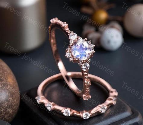 Moonstone Engagement Ring Set 14k Rose Gold Bridal Set With Diamond