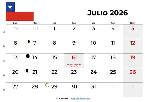 Calendario Julio 2026 Chile Con Festivos Calendarena