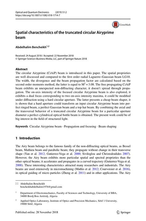 Pdf Spatial Characteristics Of The Truncated Circular Airyprime Beam