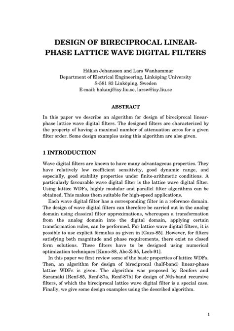 Pdf Design Of Bireciprocal Linear Phase Lattice Wave Digital Filters