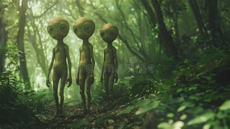 Three Humanoid Aliens Walking Through An Alien Forest Exotic Wildlife