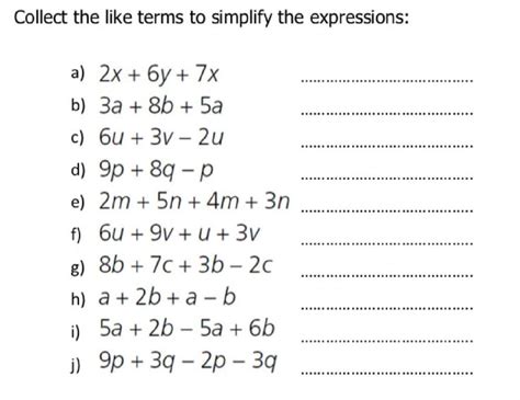 Simplify Algebraic Expressions Worksheet