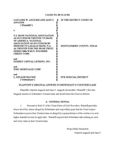 Answer General Denial To Defendants Counterclaim