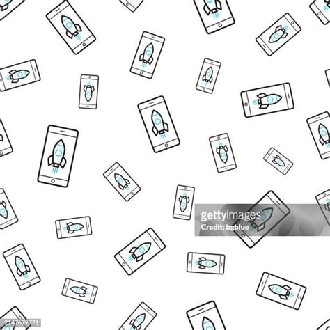 Smartphone With Rocket Seamless Pattern Line Icons On White Background