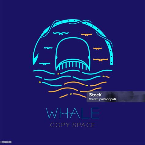 작 살 파도 갈매기 고래 모양 로고 아이콘 개요 스트로크 설정 고래 텍스트와 복사 공간와 어두운 파란색 배경에 격리는 대시 선 디자인 일러스트 레이 션 갈매기에 대한 스톡