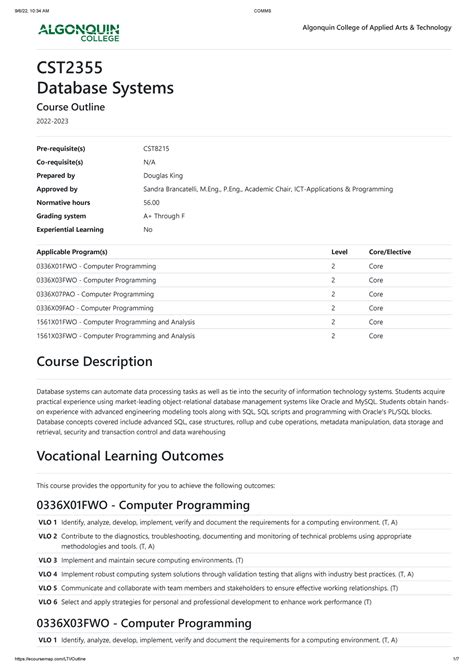 cst2355 course outline cst database systems course outline 2022