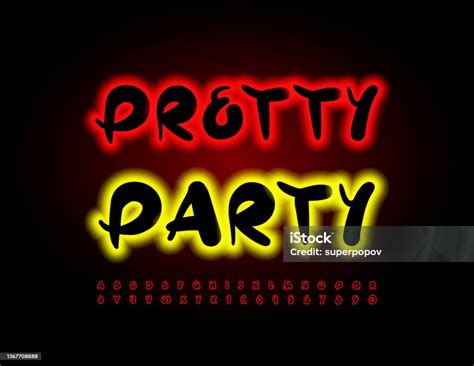 벡터 빛나는 포스터 예쁜 파티 네온 예술 알파벳 문자 및 숫자 세트 광고에 대한 스톡 벡터 아트 및 기타 이미지 광고 그래픽 프린트 네온 Istock