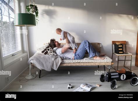 Sweden Father Holding Son Months Stock Photo Alamy